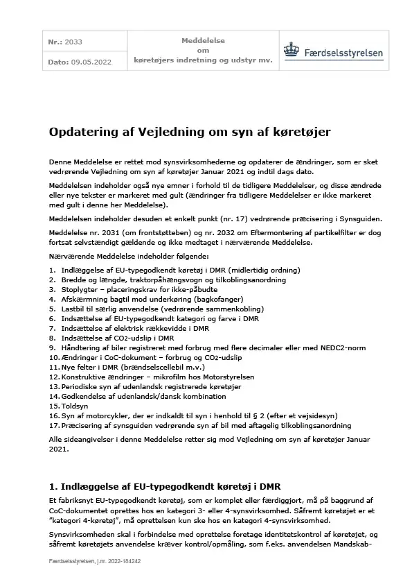 Meddelelse nr 2033 - Opdatering af Vejledning om syn af køretøjer - Om køretøjers indretning og ...